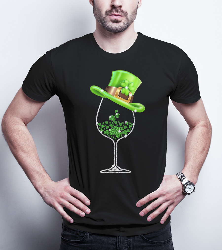 St Patricks Day Shamrock Wine Glass With Leprechaun Hat T-Shirt