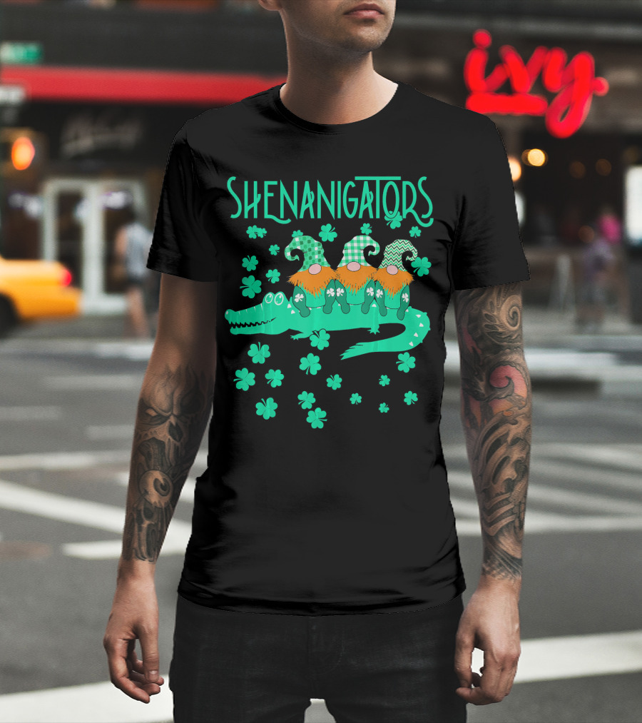 Shenanigators Funny Cute Alligator With Gnomes And Shamrocks T-Shirt