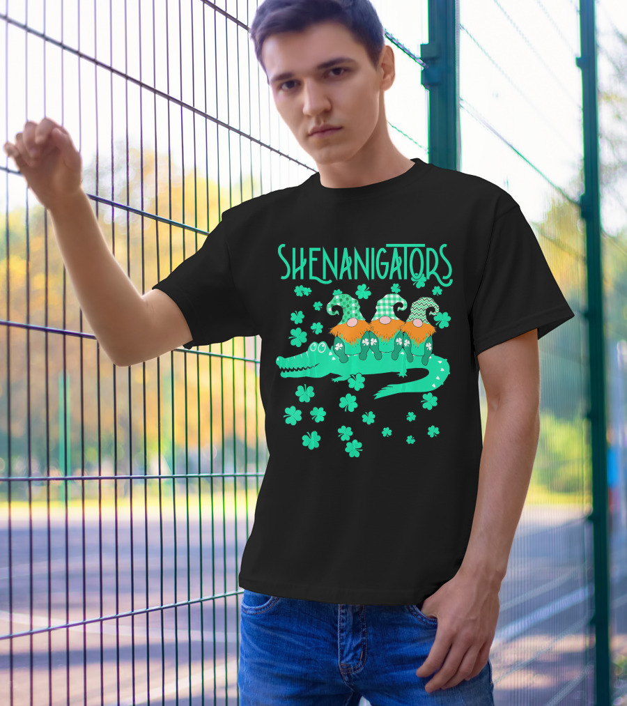 Shenanigators Funny Cute Alligator With Gnomes And Shamrocks T-Shirt