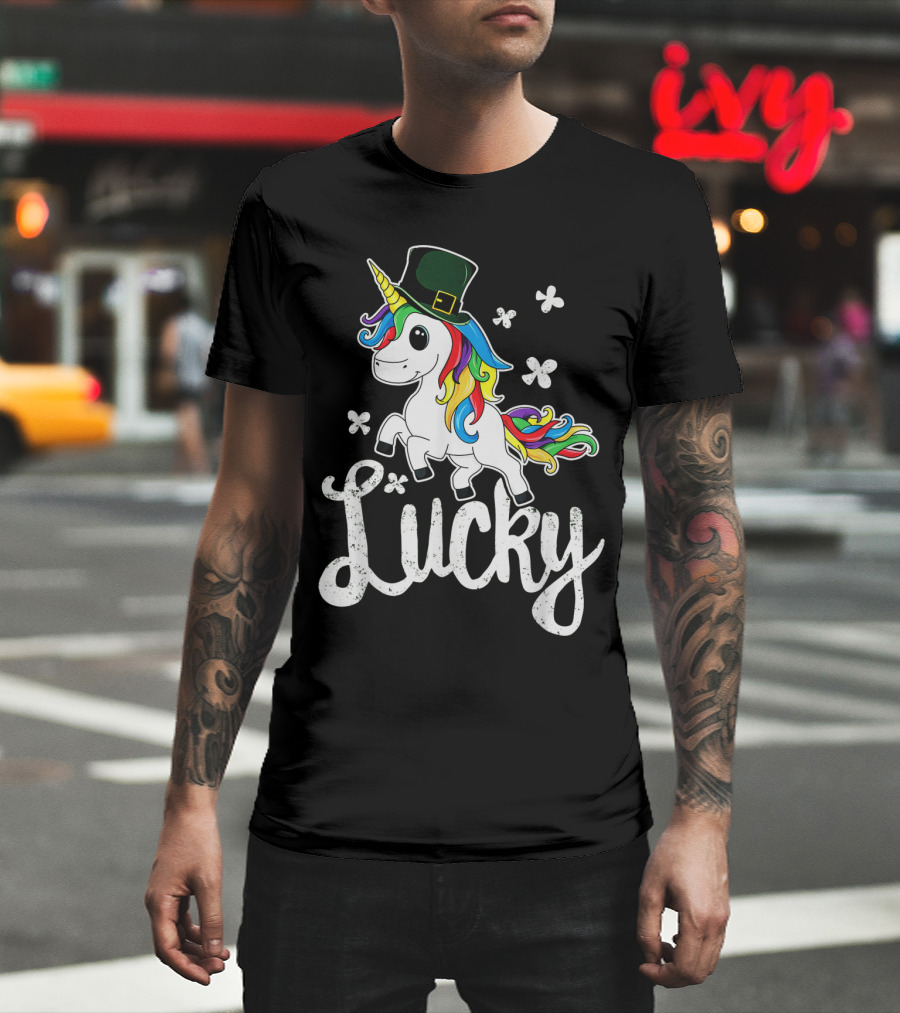 Lucky Unicorn Rainbow Shamrock Hat T-Shirt