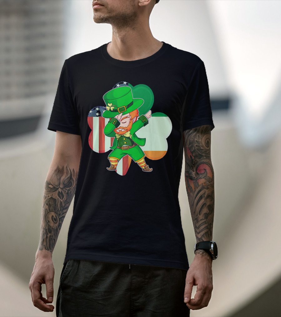 Funny Dabbing Leprechaun Shamrock American Irish Flag T-Shirt