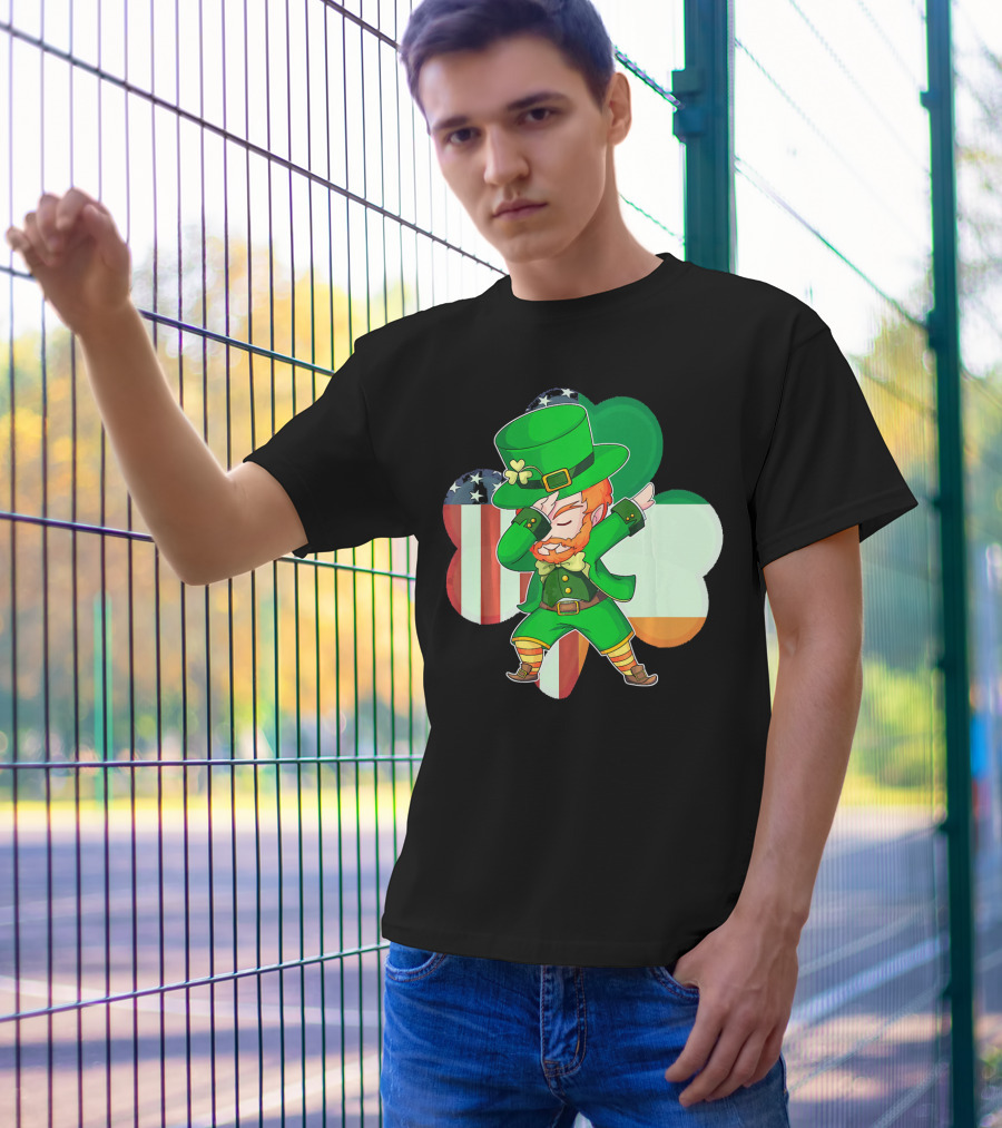 Funny Dabbing Leprechaun Shamrock American Irish Flag T-Shirt