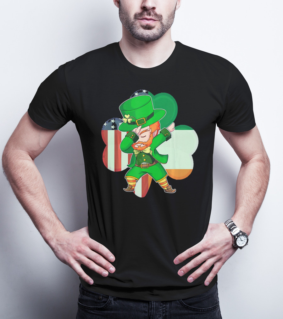 Funny Dabbing Leprechaun Shamrock American Irish Flag T-Shirt