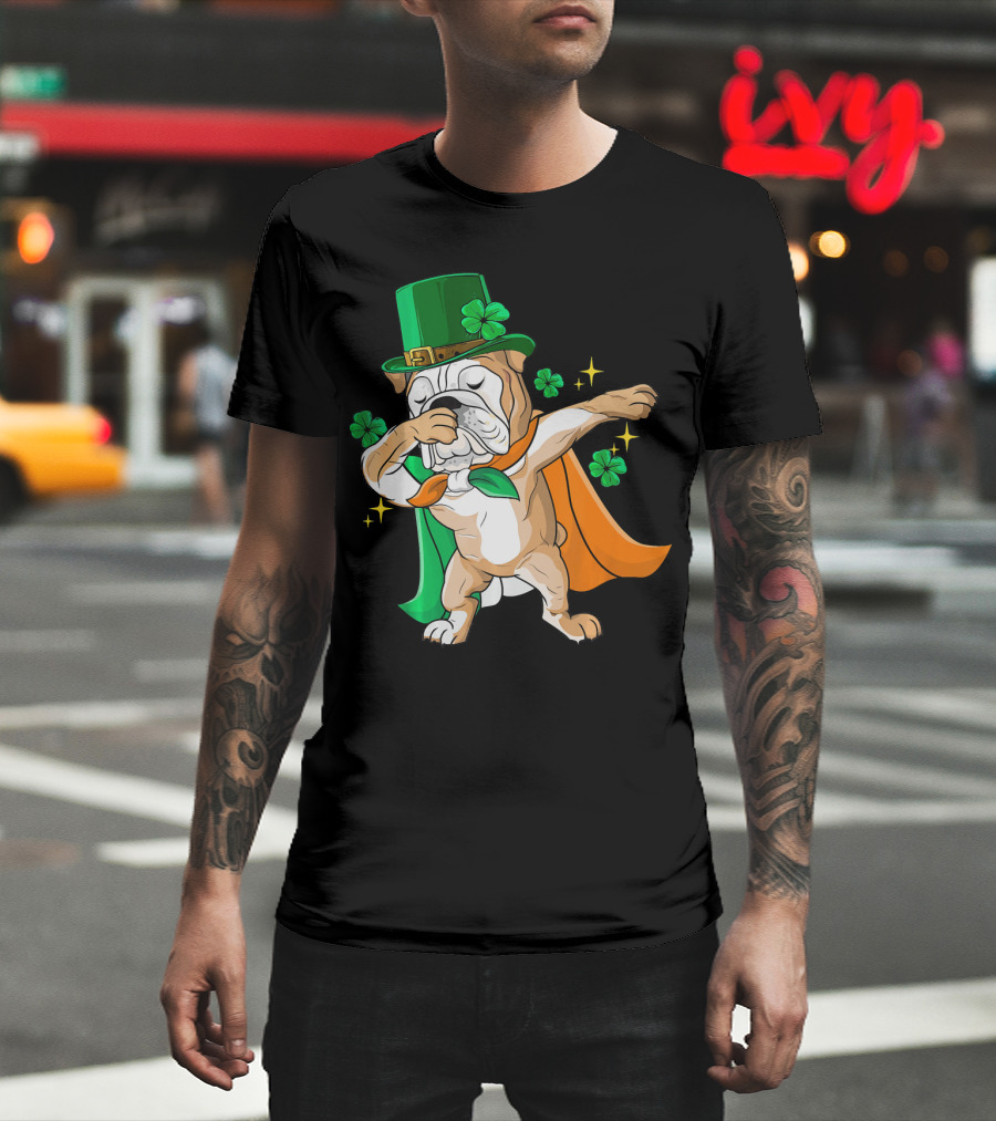 Irish Bulldog Dabbing Leprechaun With Shamrocks T-Shirt