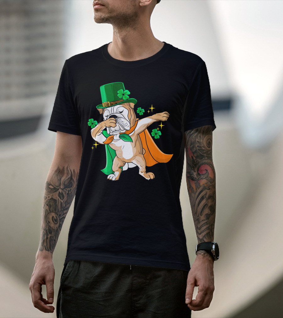 Irish Bulldog Dabbing Leprechaun With Shamrocks T-Shirt