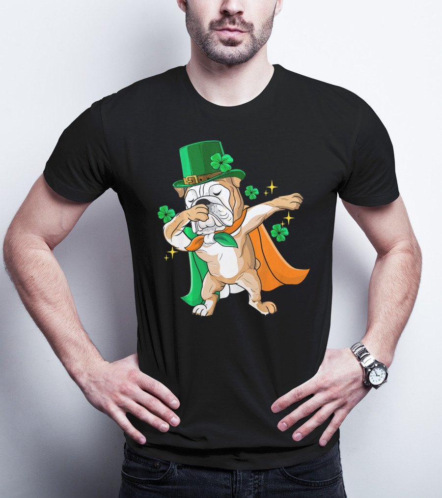 Irish Bulldog Dabbing Leprechaun With Shamrocks T-Shirt