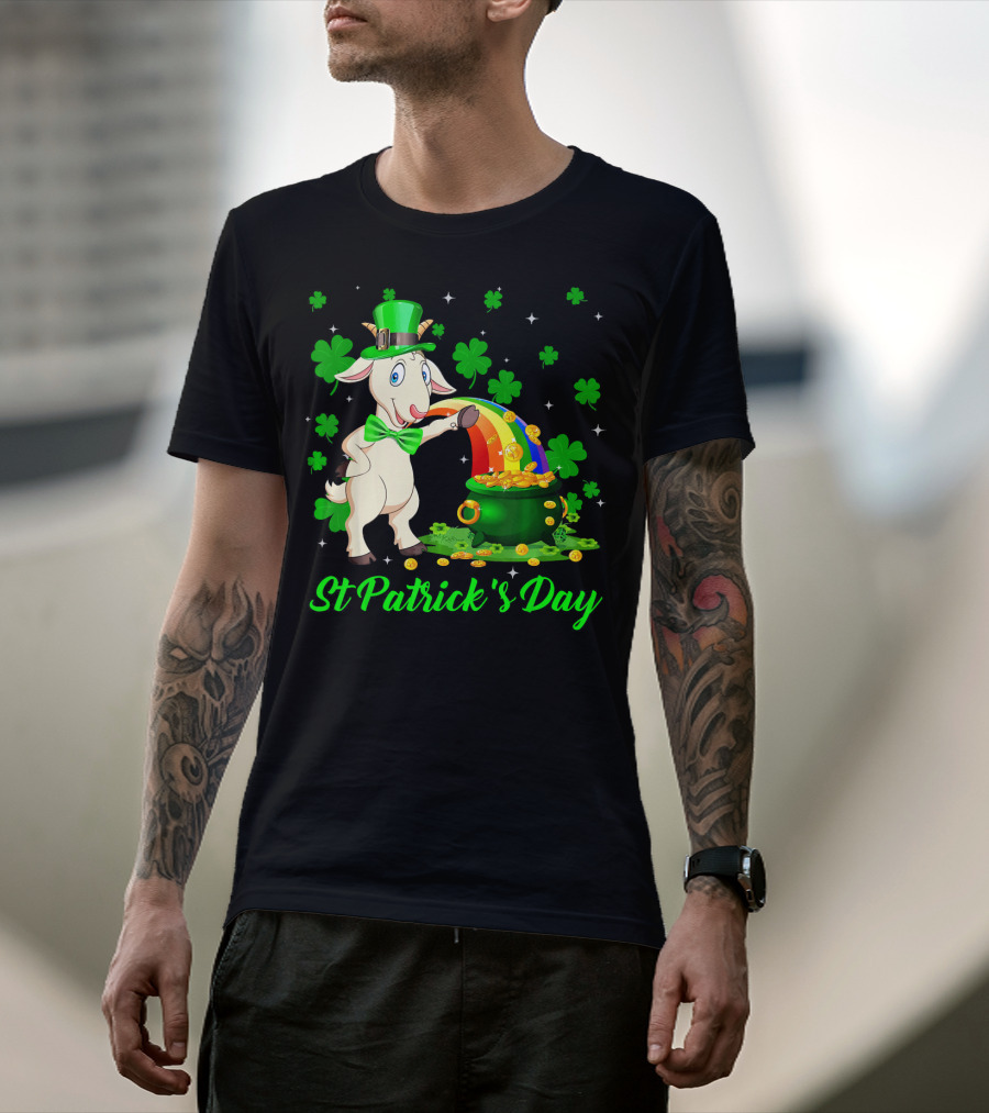 St Patrick's Day Leprechaun Goat Shamrock Rainbow Pot Of Gold T-Shirt
