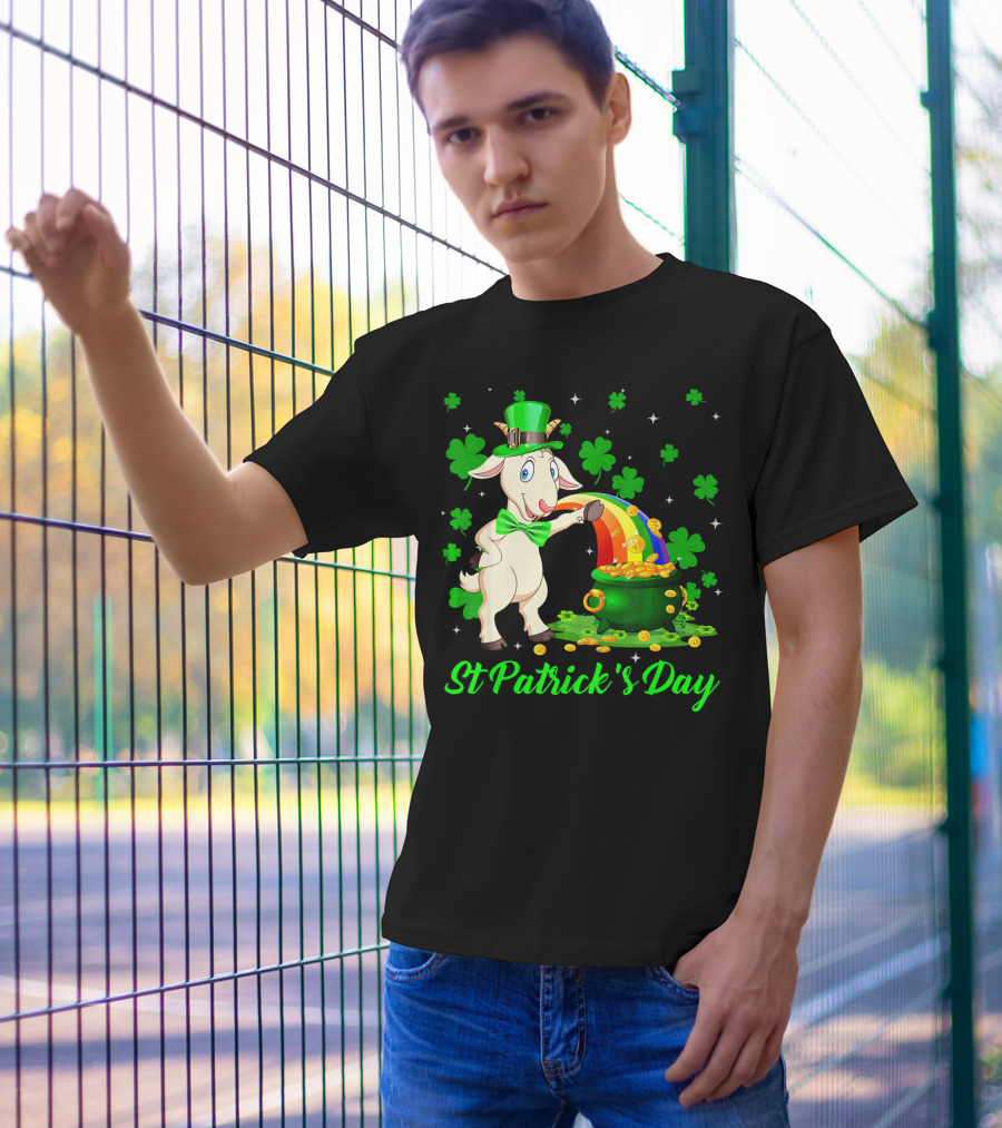 St Patrick's Day Leprechaun Goat Shamrock Rainbow Pot Of Gold T-Shirt