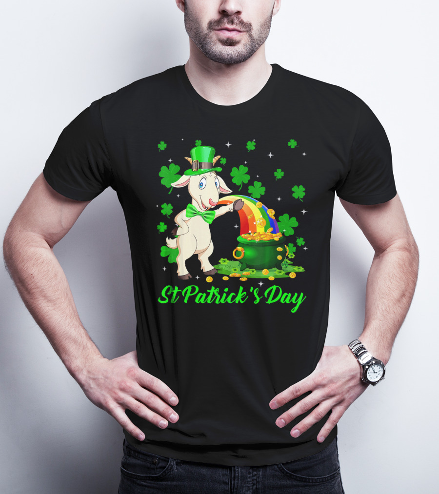 St Patrick's Day Leprechaun Goat Shamrock Rainbow Pot Of Gold T-Shirt