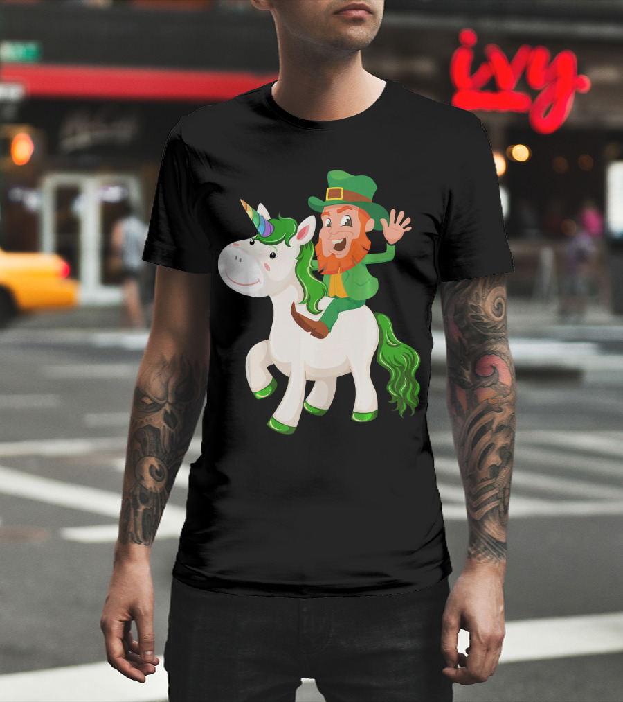 Unicorn Leprechaun Celebration Characters Green Hat And Red Beard Riding Playful Creature T-Shirt