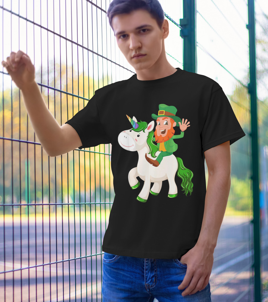 Unicorn Leprechaun Celebration Characters Green Hat And Red Beard Riding Playful Creature T-Shirt