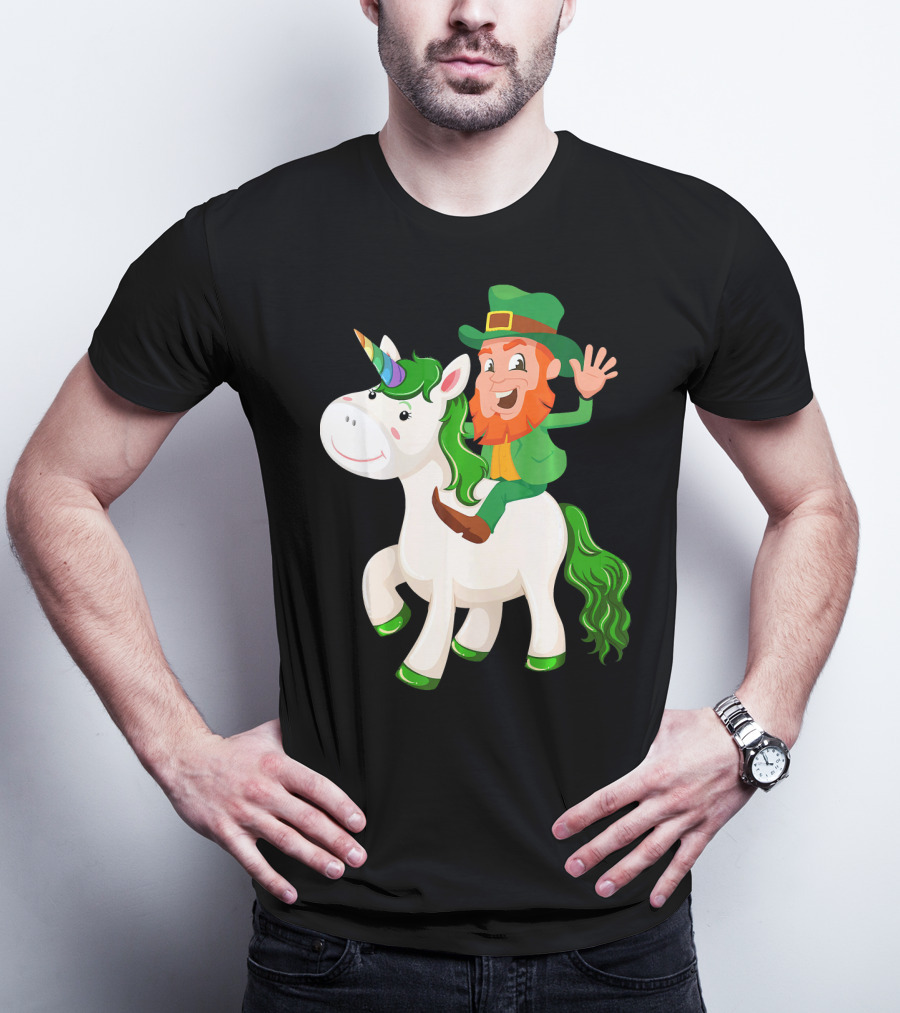 Unicorn Leprechaun Celebration Characters Green Hat And Red Beard Riding Playful Creature T-Shirt