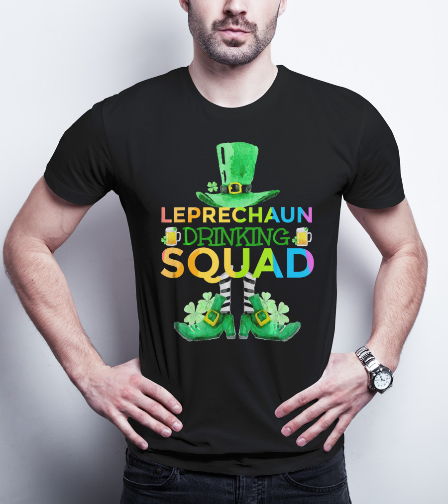 Leprechaun Drinking Squad Beer Rainbow Hat Clover Stripes T-Shirt