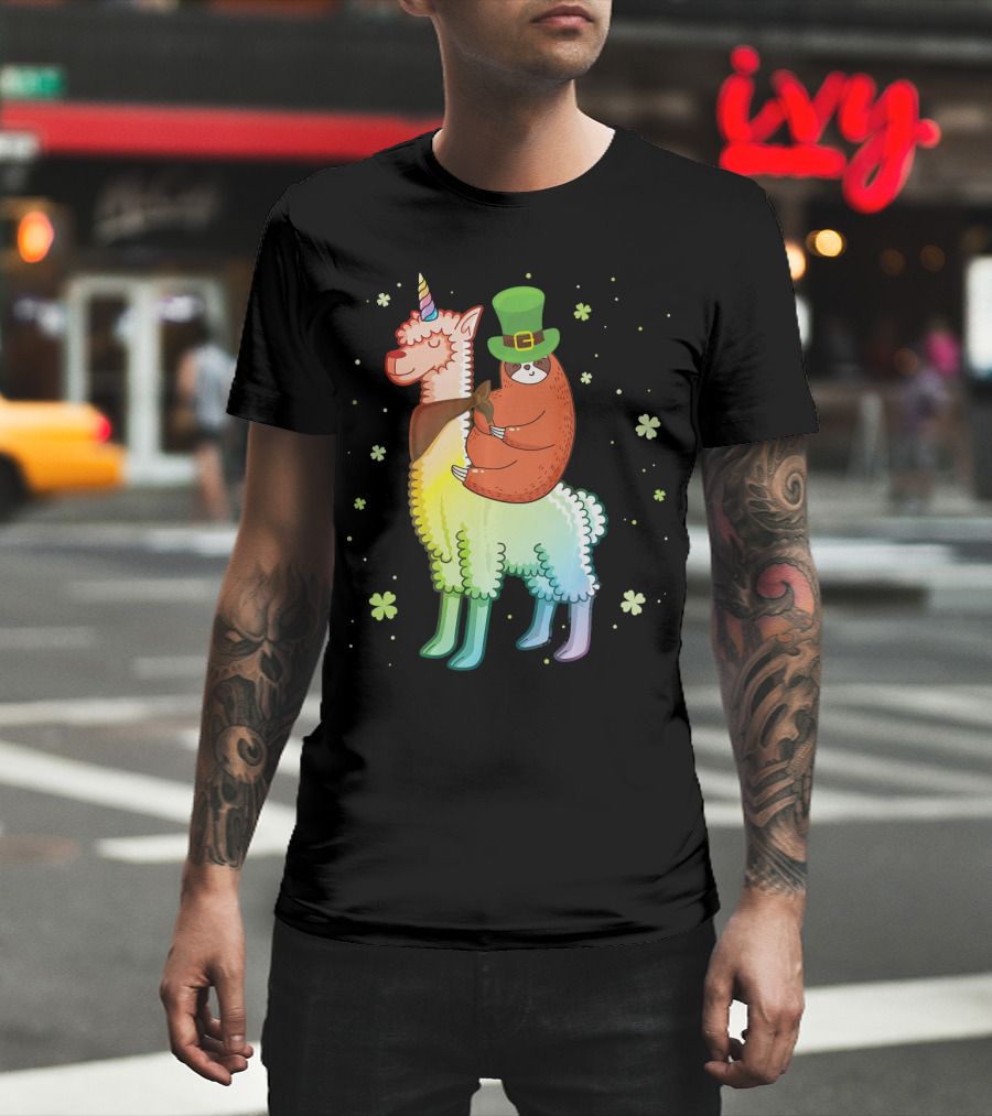 Cute Sloth Leprechaun Riding Rainbow Unicorn Llama With Shamrocks T-Shirt