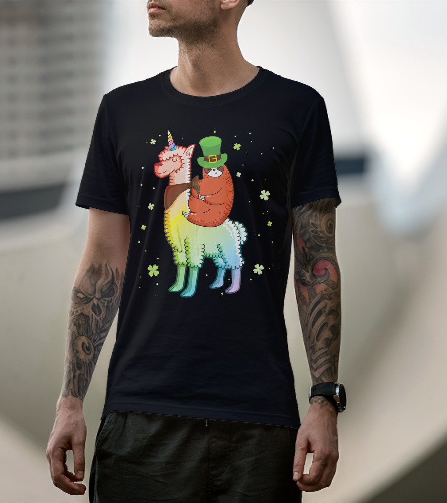 Cute Sloth Leprechaun Riding Rainbow Unicorn Llama With Shamrocks T-Shirt