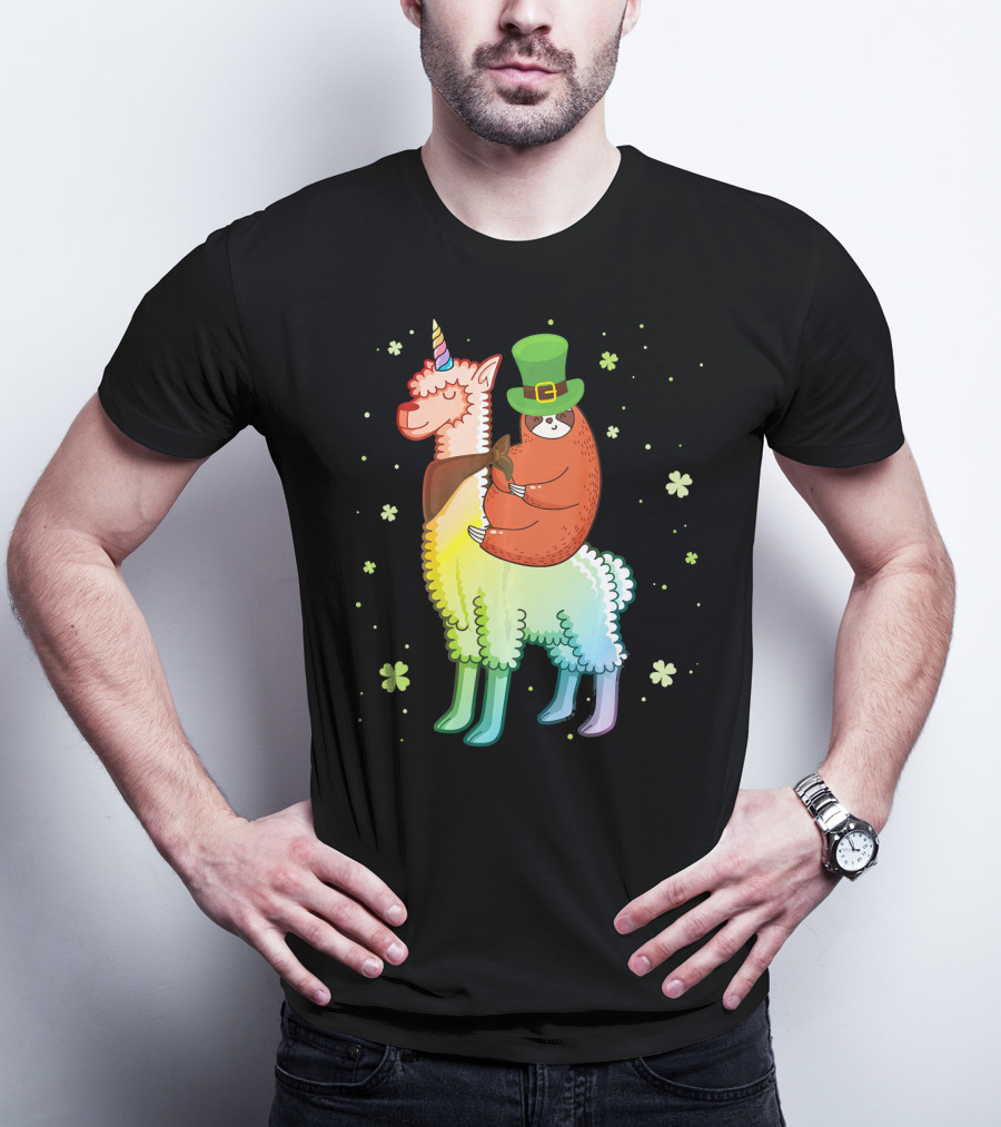 Cute Sloth Leprechaun Riding Rainbow Unicorn Llama With Shamrocks T-Shirt