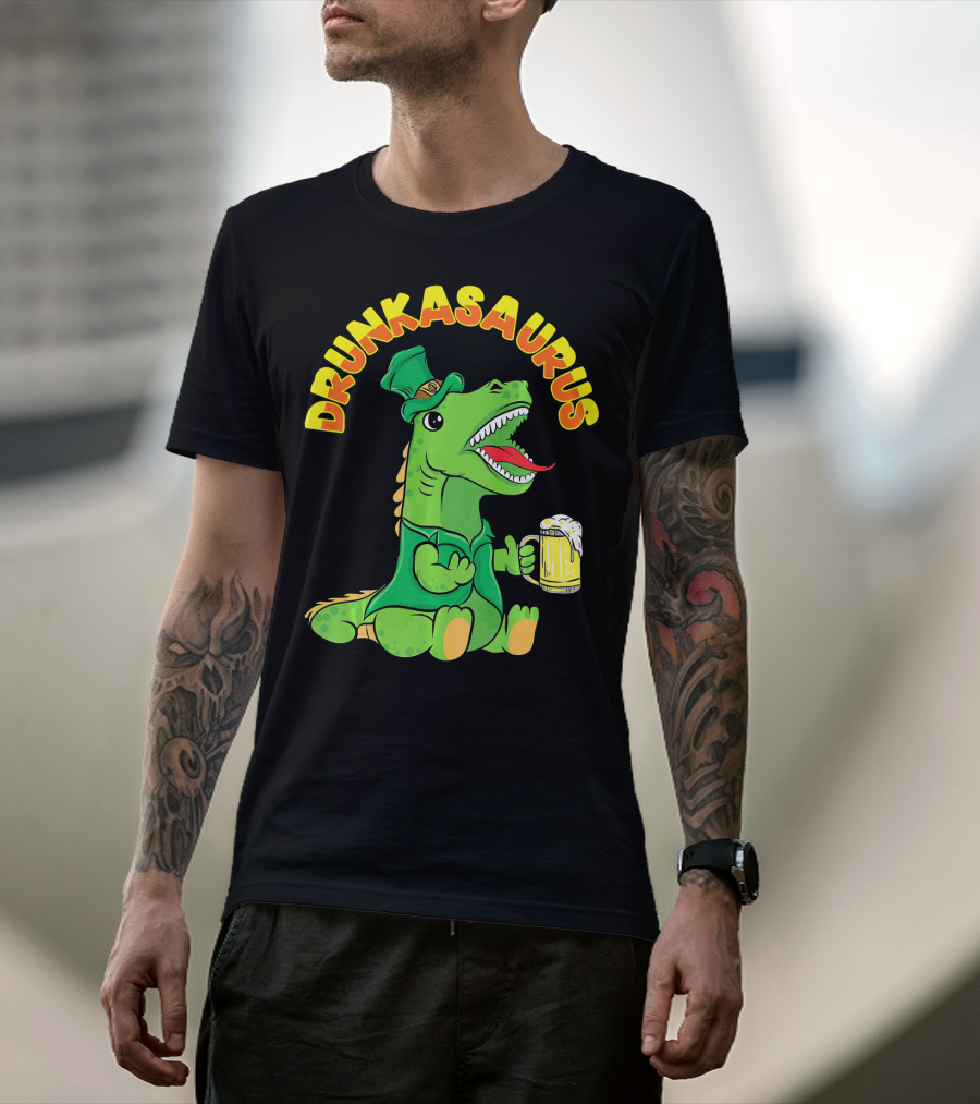 Drunkasaurus Leprechaun Dinosaur With Beer Drink T-Shirt
