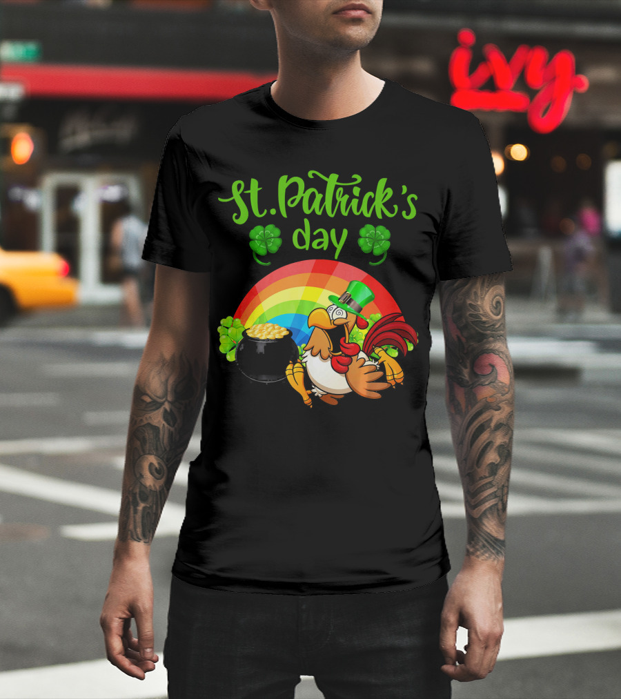 St. Patrick's Day Leprechaun Chicken With Rainbow And Pot Of Gold T-Shirt