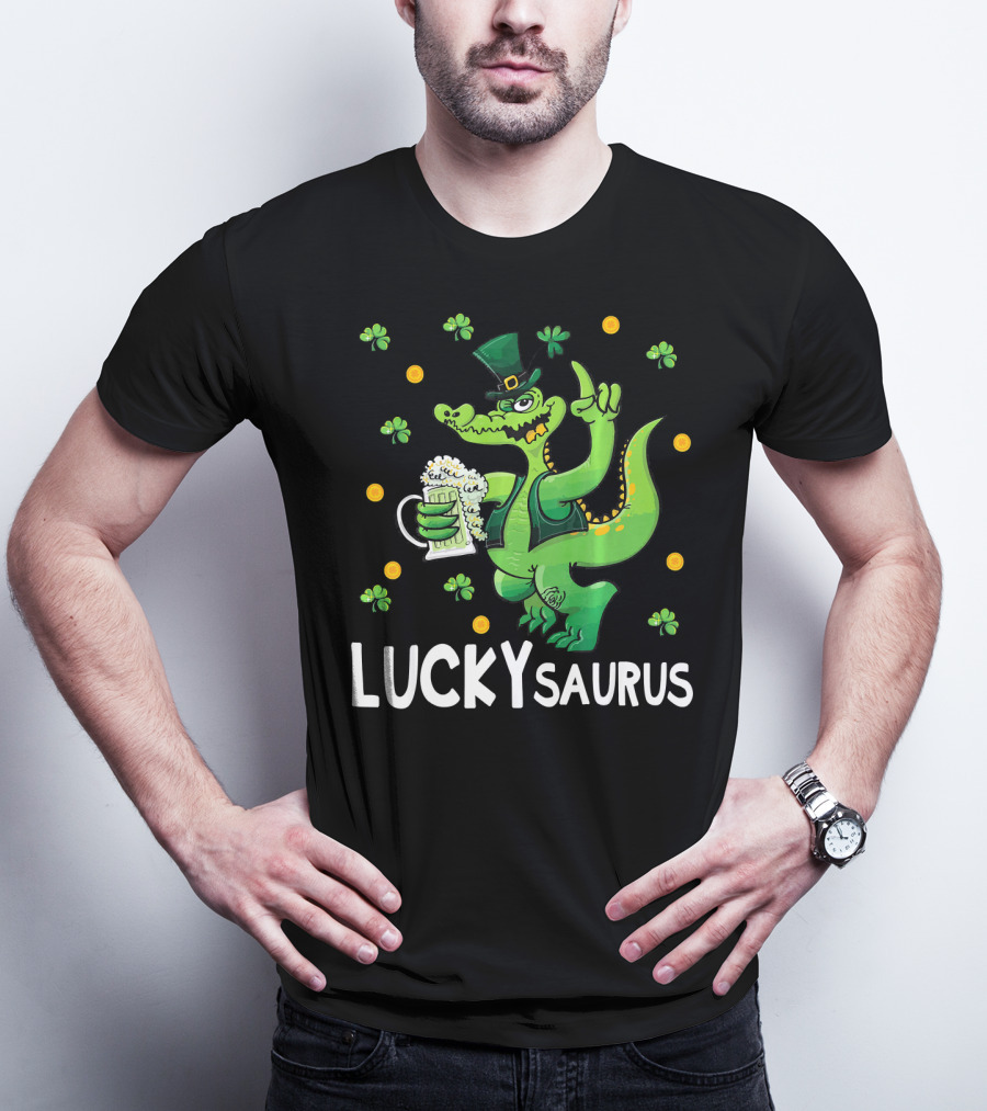 Luckysaurus Dinosaur Leprechaun Drinking Green Beer With Shamrocks And Coins T-Shirt