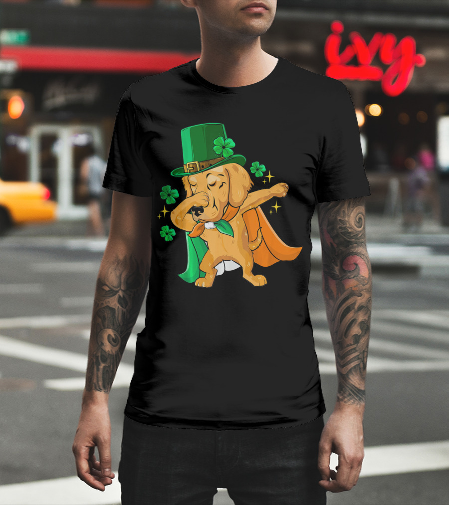 Golden Retriever Dabbing In Leprechaun Hat With Shamrock Cape T-Shirt