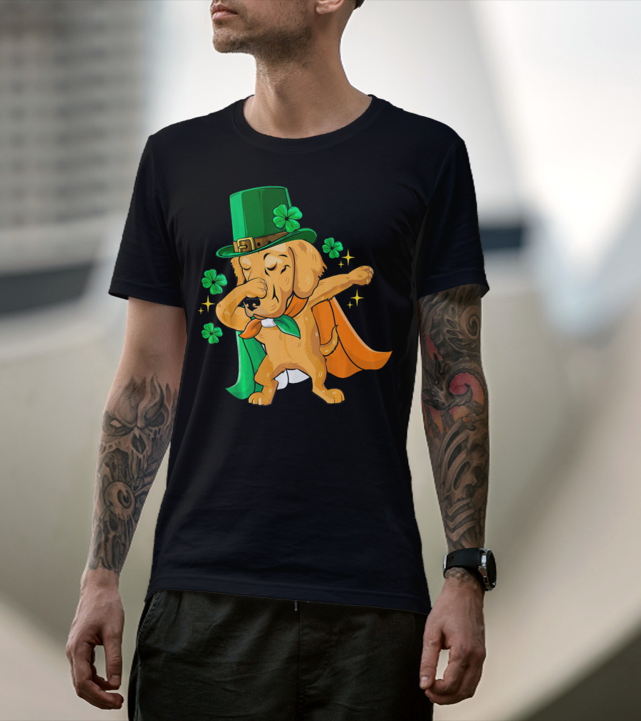 Golden Retriever Dabbing In Leprechaun Hat With Shamrock Cape T-Shirt