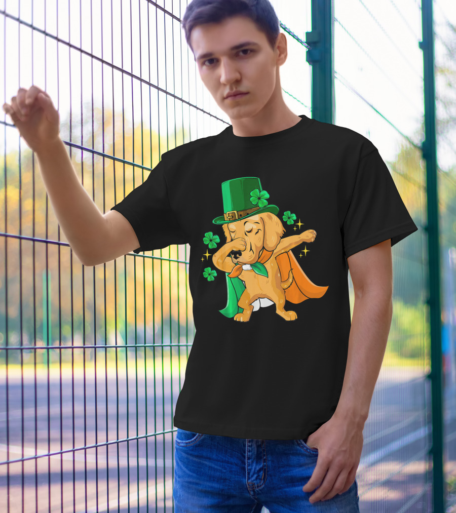 Golden Retriever Dabbing In Leprechaun Hat With Shamrock Cape T-Shirt