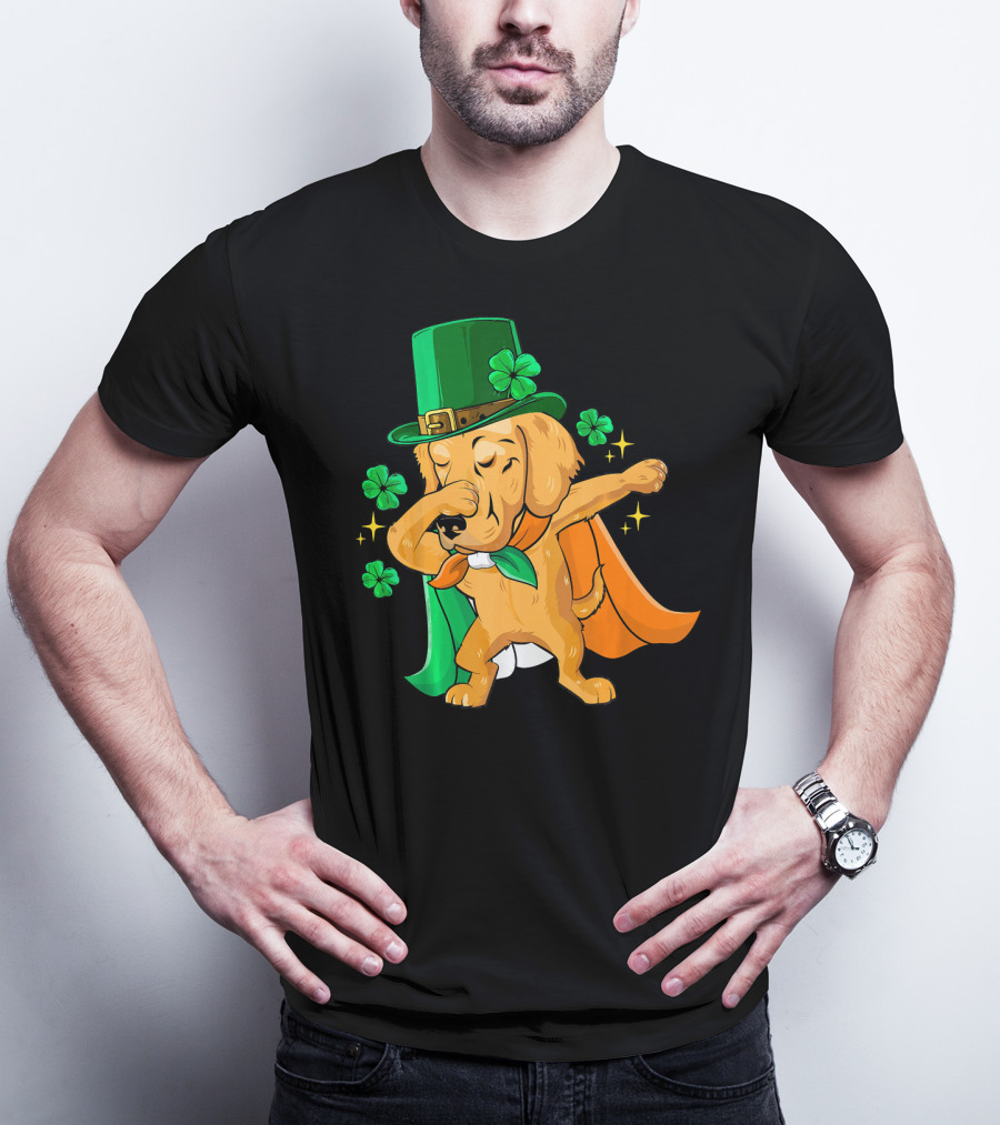 Golden Retriever Dabbing In Leprechaun Hat With Shamrock Cape T-Shirt