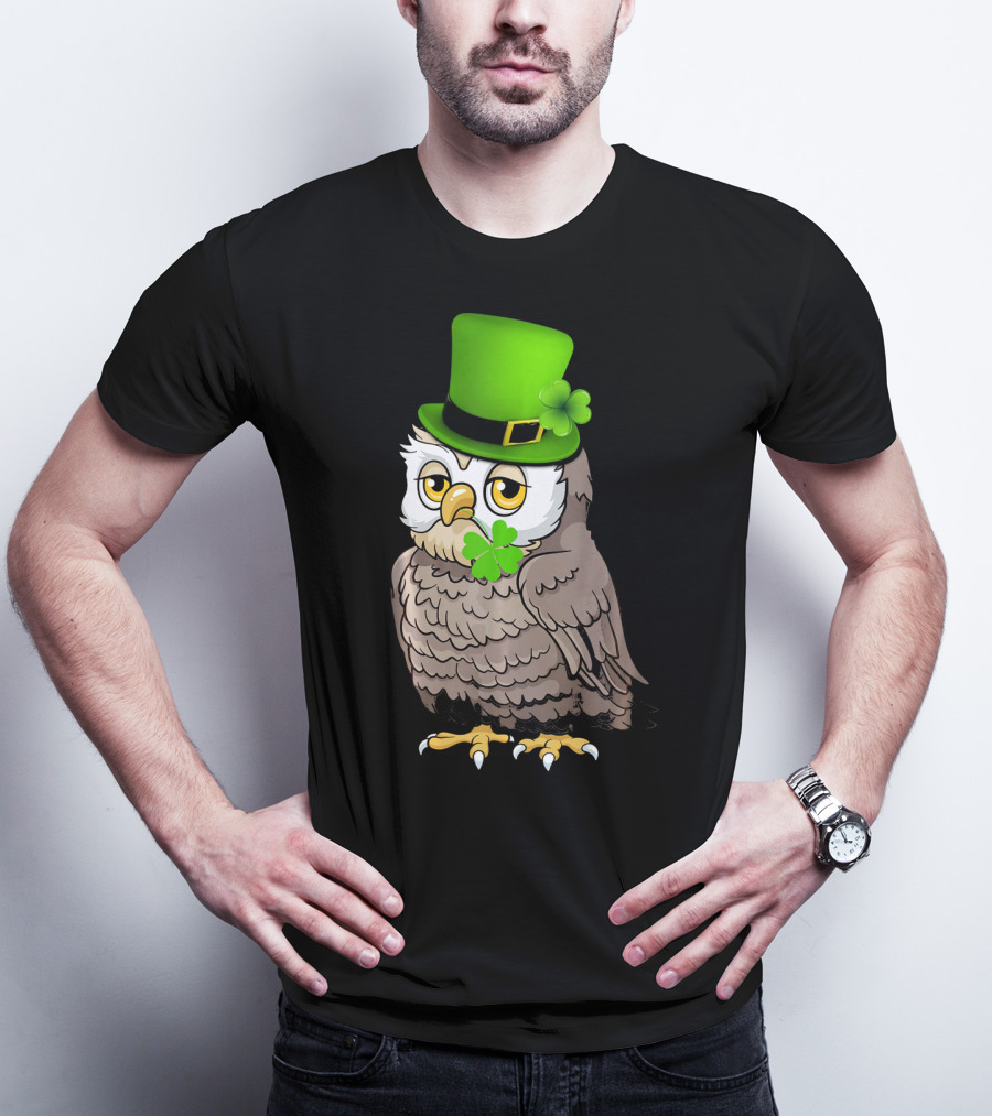 St Patricks Day Owl Wearing Green Hat With Shamrock Clove T-Shirt
