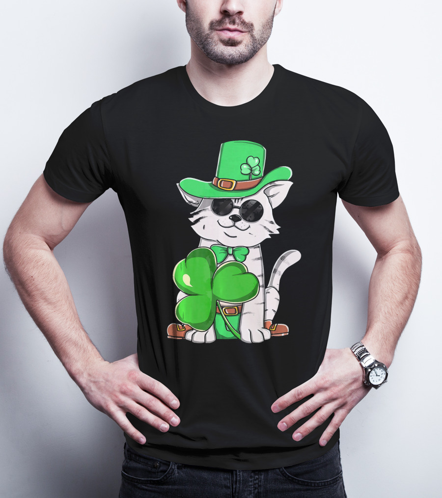 Leprechaun Cat Shamrock Irish St Pat Day Kitty T-Shirt