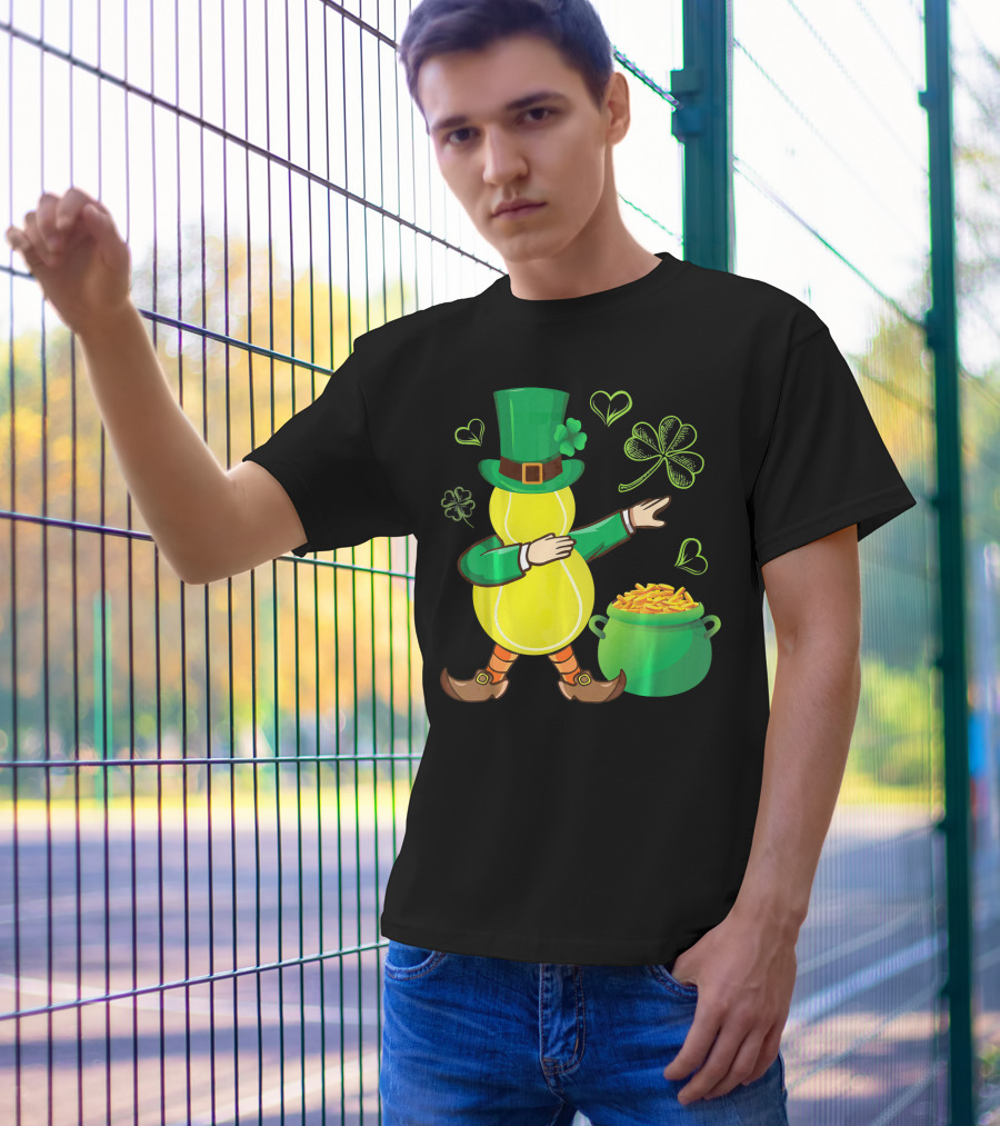 Tennis Leprechaun Dabbing With Gold Pot And Shamrocks T-Shirt