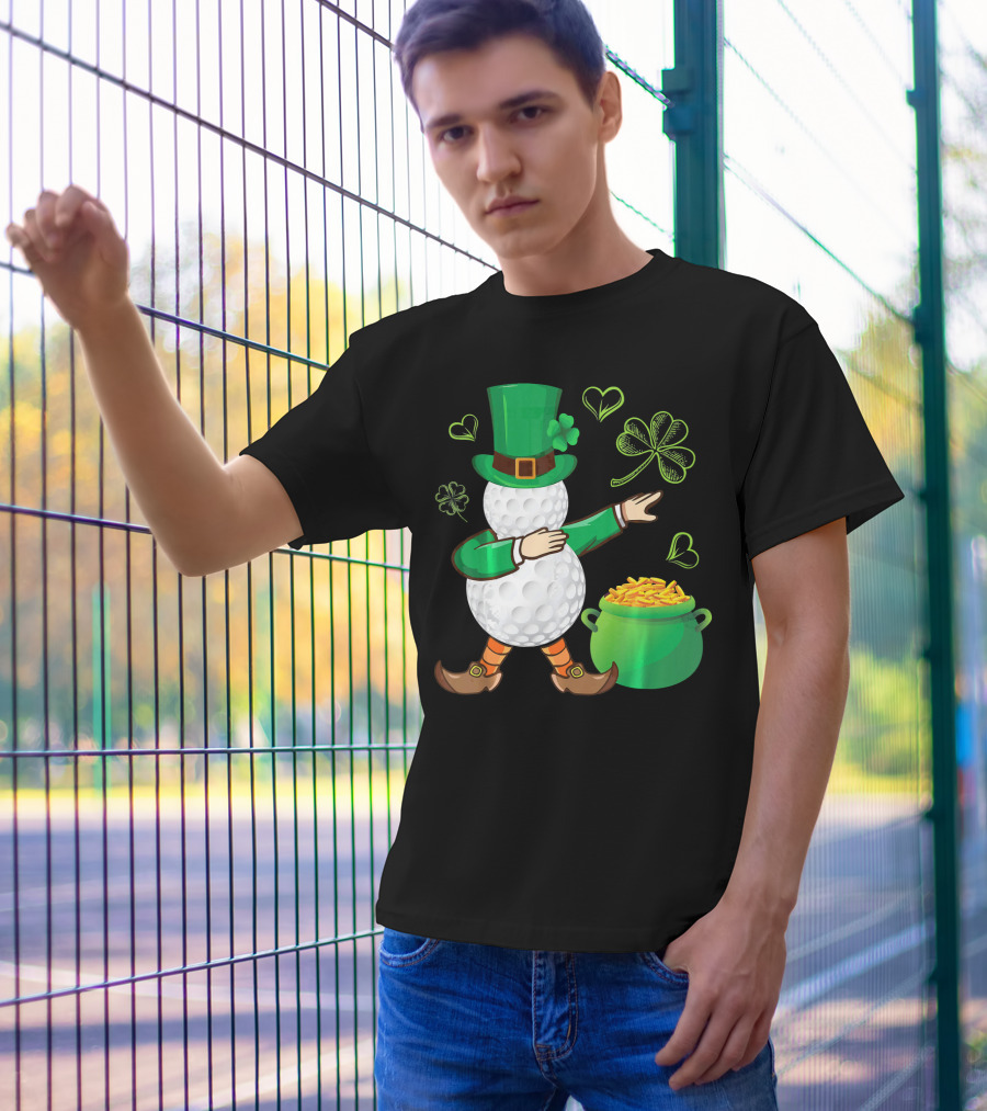 Golf Leprechaun Dabbing With Gold Shamrock And Pot Of Gold T-Shirt