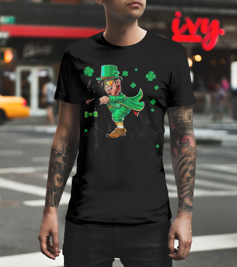 Leprechaun Riding Belgian Sheepdog With Shamrocks T-Shirt