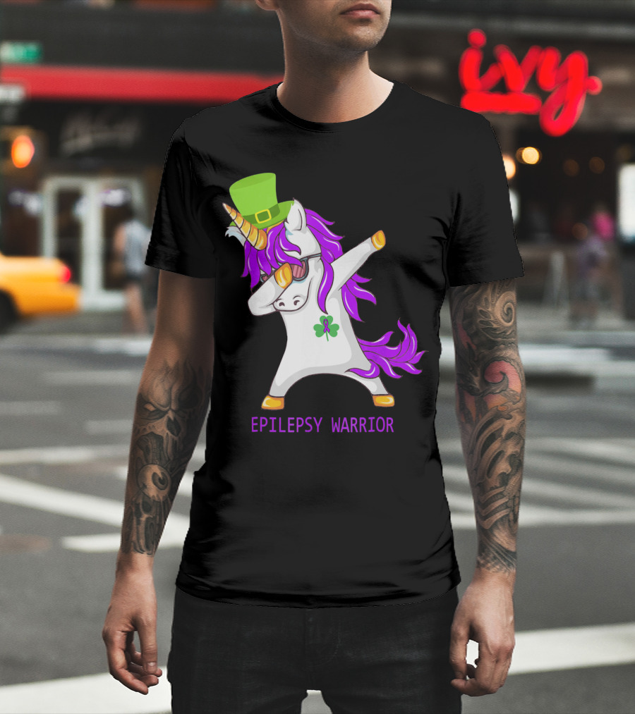 Unicorn Epilepsy Warrior Dabbing With Green Hat And Shamrock T-Shirt