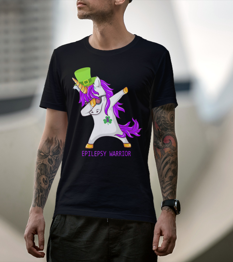 Unicorn Epilepsy Warrior Dabbing With Green Hat And Shamrock T-Shirt