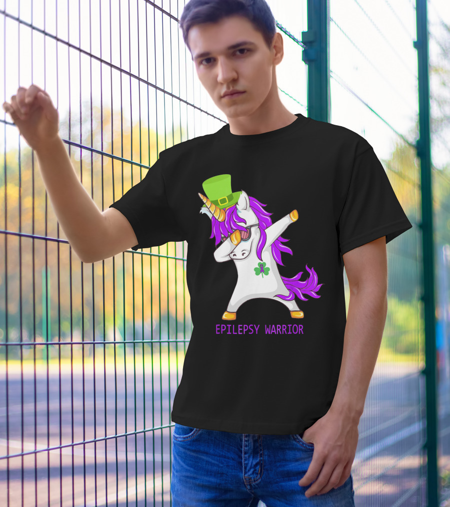 Unicorn Epilepsy Warrior Dabbing With Green Hat And Shamrock T-Shirt