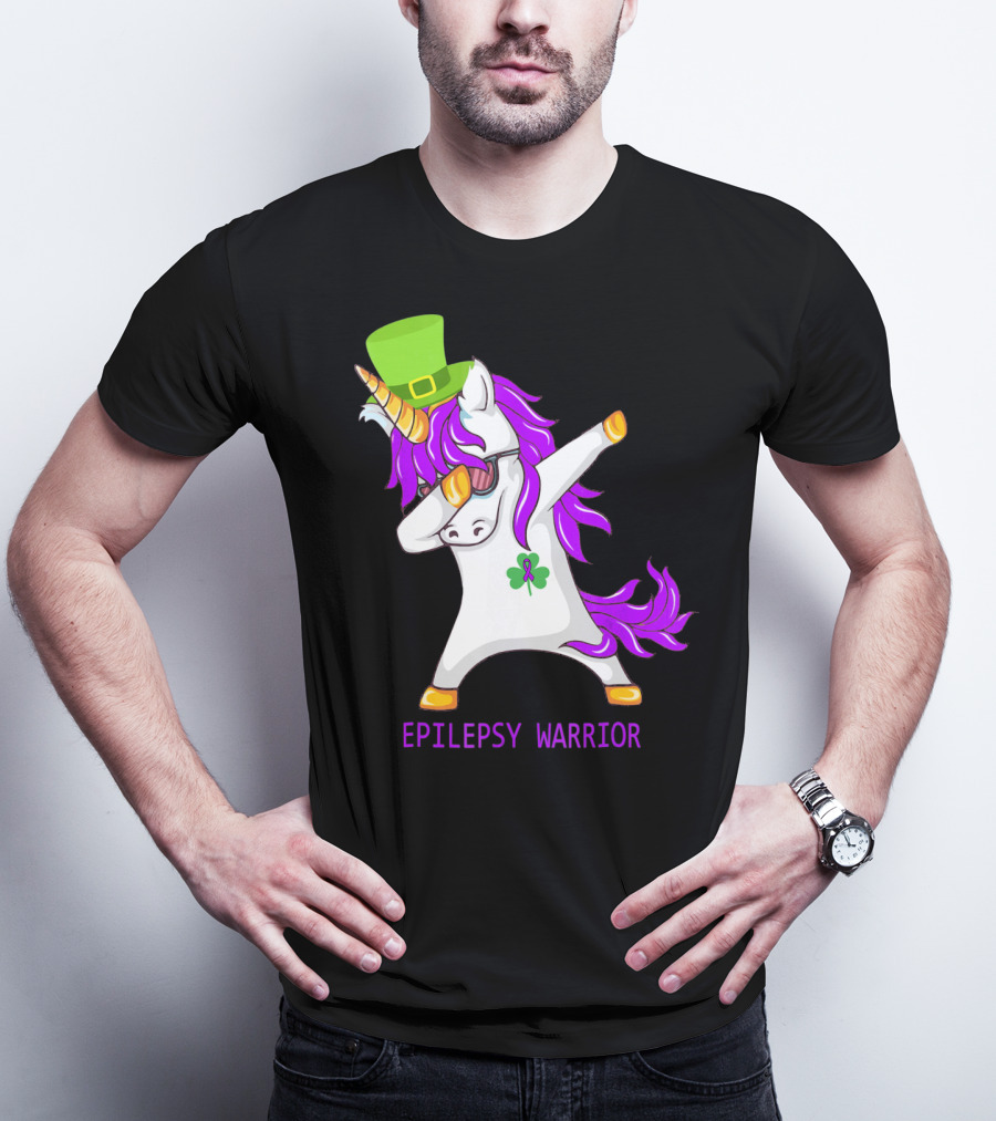 Unicorn Epilepsy Warrior Dabbing With Green Hat And Shamrock T-Shirt