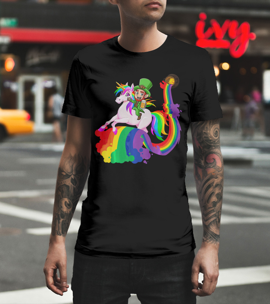 Patrick Leprechaun Riding Unicorn Rainbow With Beer And Pot Of Gold T-Shirt