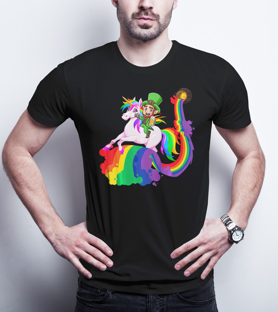 Patrick Leprechaun Riding Unicorn Rainbow With Beer And Pot Of Gold T-Shirt