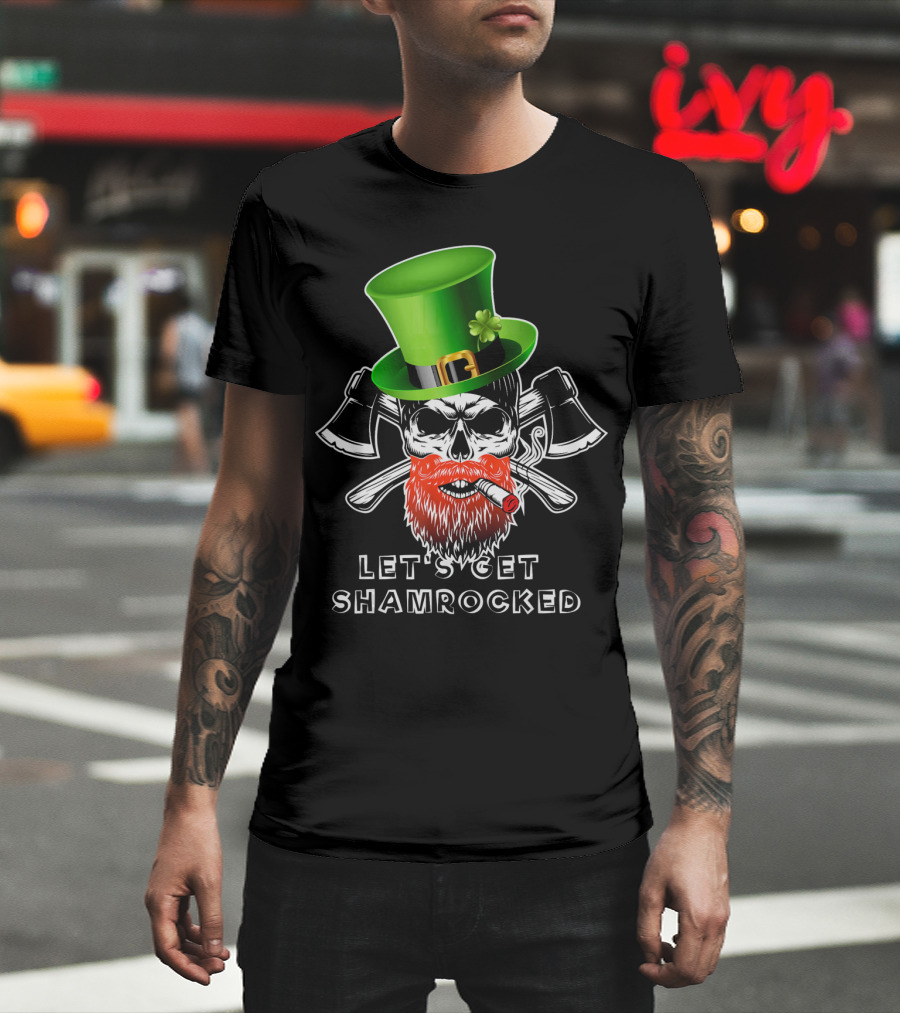 Let's Get Shamrocked St Patrick's Day Skull With Green Hat And Axes T-Shirt