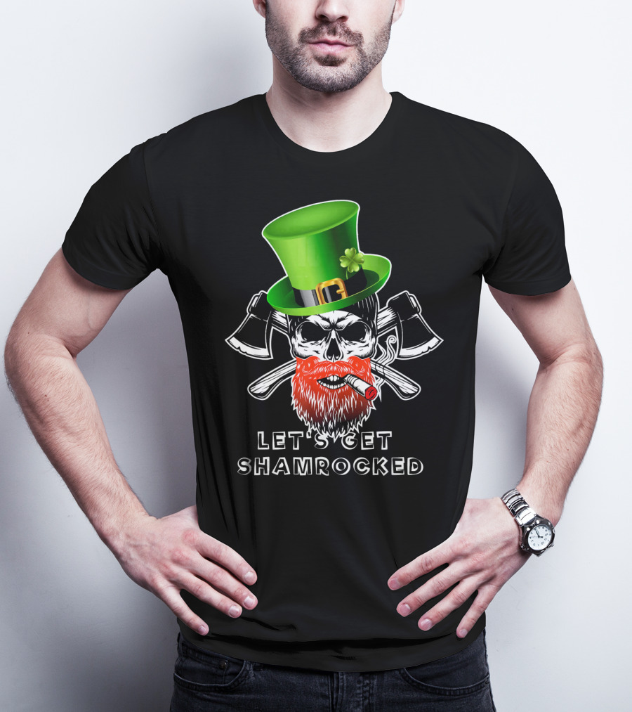 Let's Get Shamrocked St Patrick's Day Skull With Green Hat And Axes T-Shirt