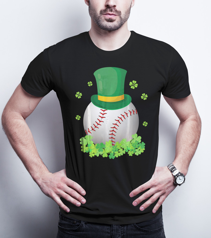 Baseball Leprechaun Hat With Shamrocks And Four-Leaf Clovers T-Shirt
