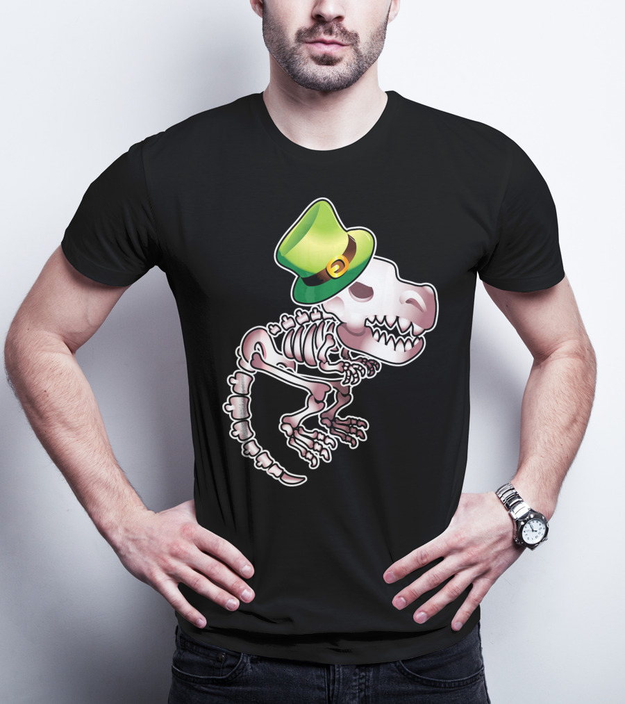 T Rex Dinosaur Skeleton With Green Leprechaun Hat T-Shirt
