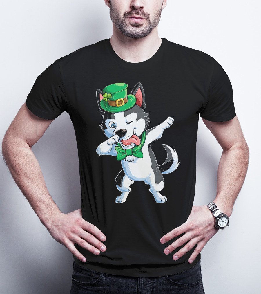 Dabbing Siberian Husky St. Patrick’s Day Green Hat Bow Tie T-Shirt