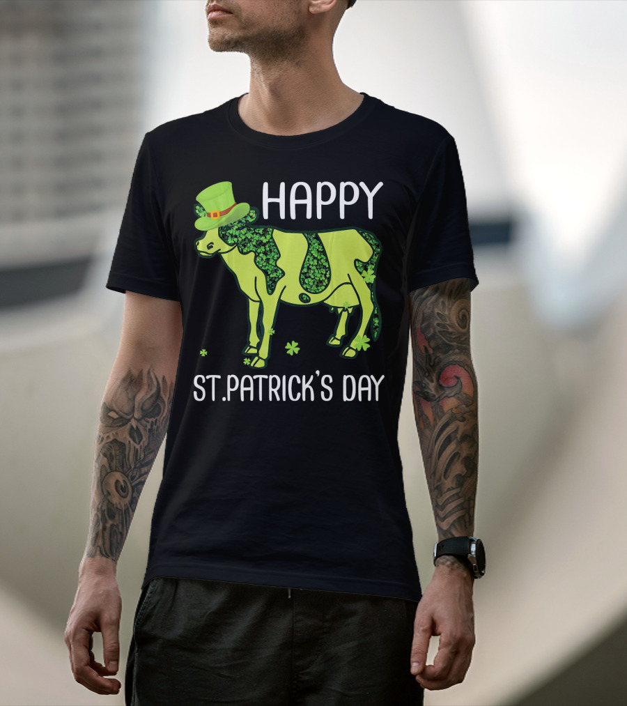 Happy St. Patrick's Day Shamrocks Cow Leprechaun T-Shirt