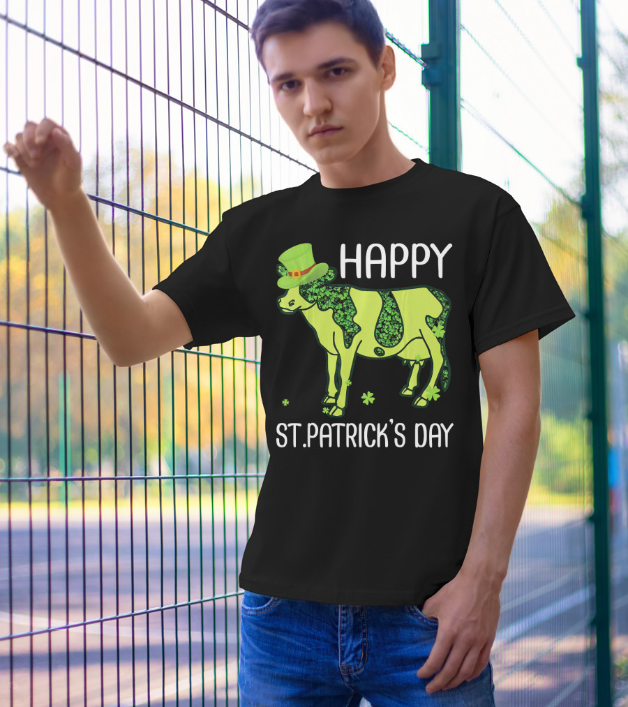 Happy St. Patrick's Day Shamrocks Cow Leprechaun T-Shirt