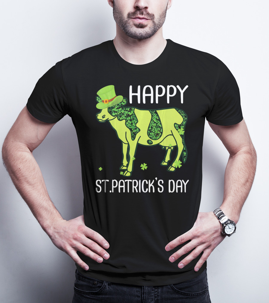 Happy St. Patrick's Day Shamrocks Cow Leprechaun T-Shirt