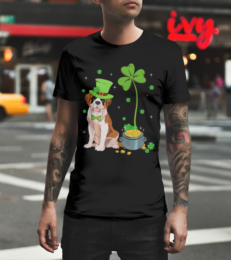 Shamrock Leprechaun Saint Bernard St Patrick's Day Dog Pot Of Gold T-Shirt