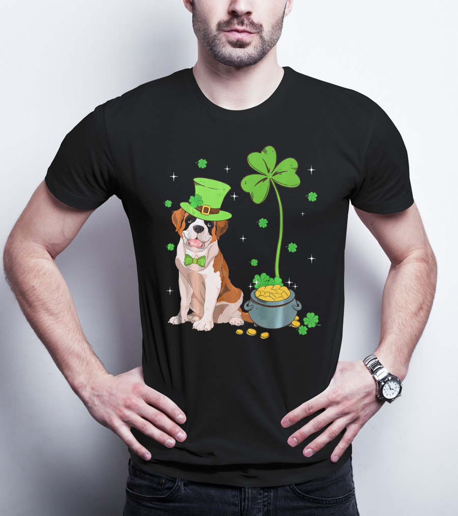 Shamrock Leprechaun Saint Bernard St Patrick's Day Dog Pot Of Gold T-Shirt