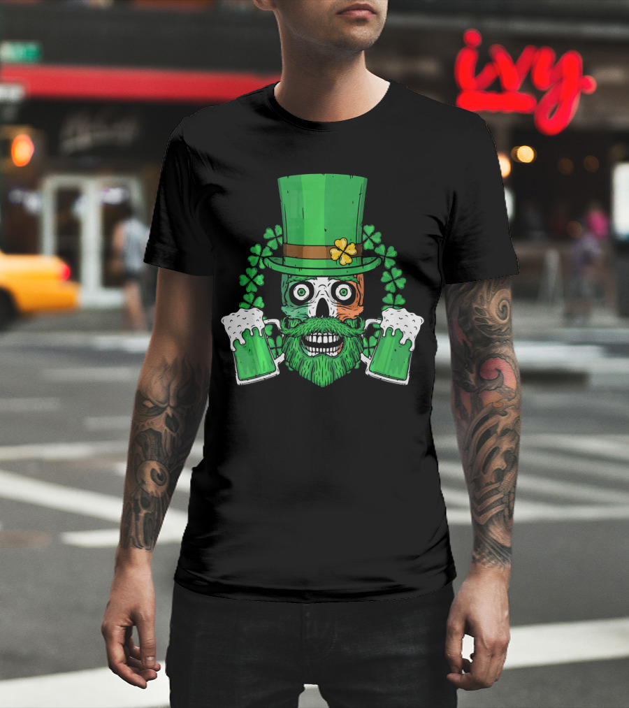 Irish Flag Leprechaun Skull With Shamrock And Beer Mugs T-Shirt