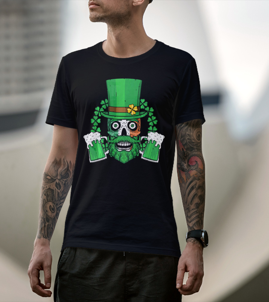 Irish Flag Leprechaun Skull With Shamrock And Beer Mugs T-Shirt